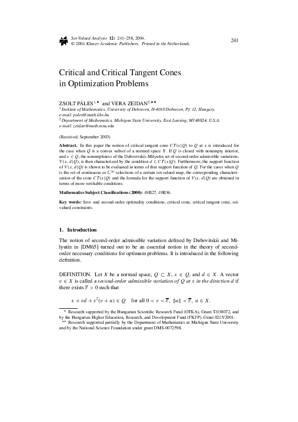 (PDF) Critical and critical tangent cones in optimization problems