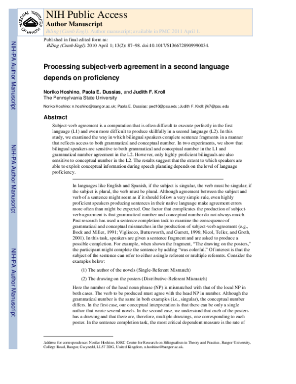(PDF) Processing subject–verb agreement in a second language depends on proficiency