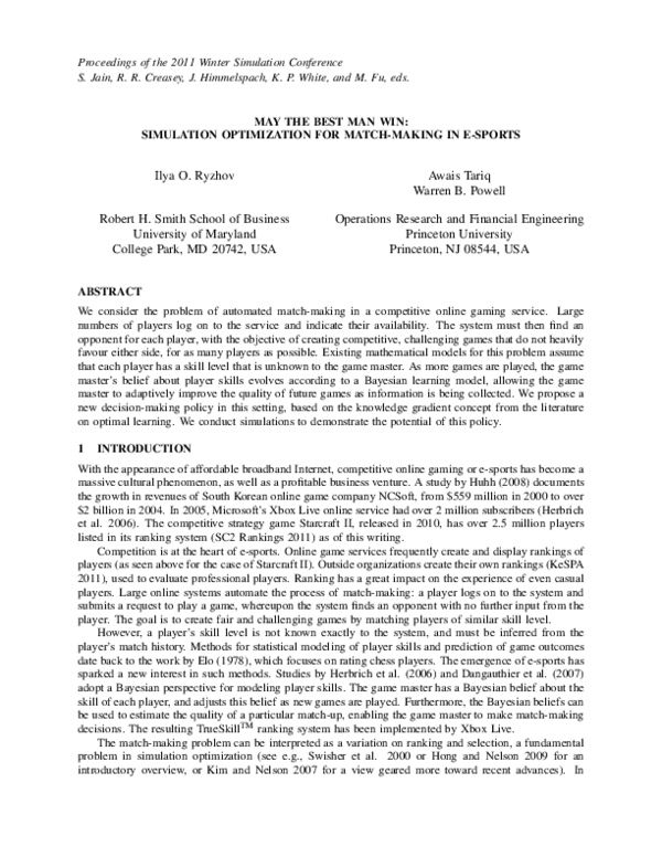 Pdf May The Best Man Win Simulation Optimization For Match Making In E Sports