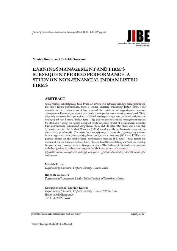 (PDF) EARNINGS MANAGEMENT AND FIRM'S SUBSEQUENT PERIOD PERFORMANCE: A ...