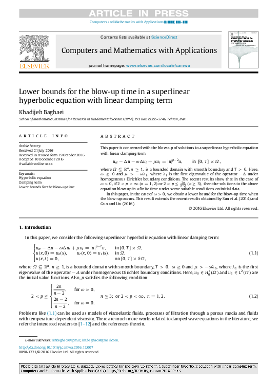 Pdf Lower Bounds For The Blow Up Time In A Superlinear Hyperbolic Equation With Linear Damping