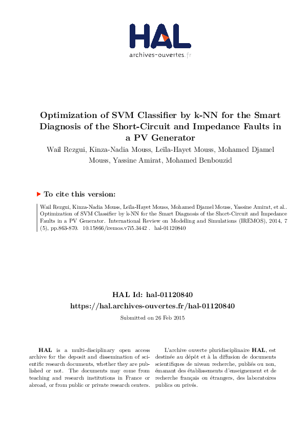 (PDF) Optimization of SVM Classifier by k-NN for the Smart Diagnosis of the Short-Circuit and ...