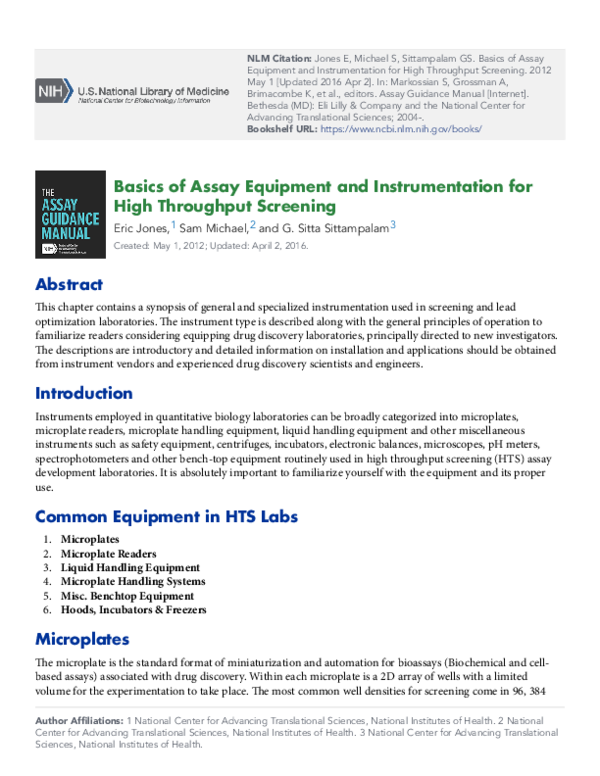 (PDF) Basics of Assay Equipment and Instrumentation for High Throughput Screening