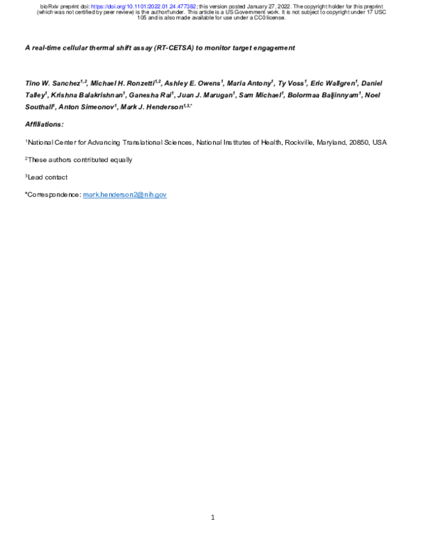 Pdf A Real Time Cellular Thermal Shift Assay Rt Cetsa To Monitor
