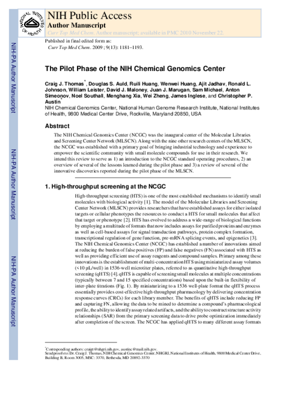 (PDF) The Pilot Phase of the NIH Chemical Genomics Center
