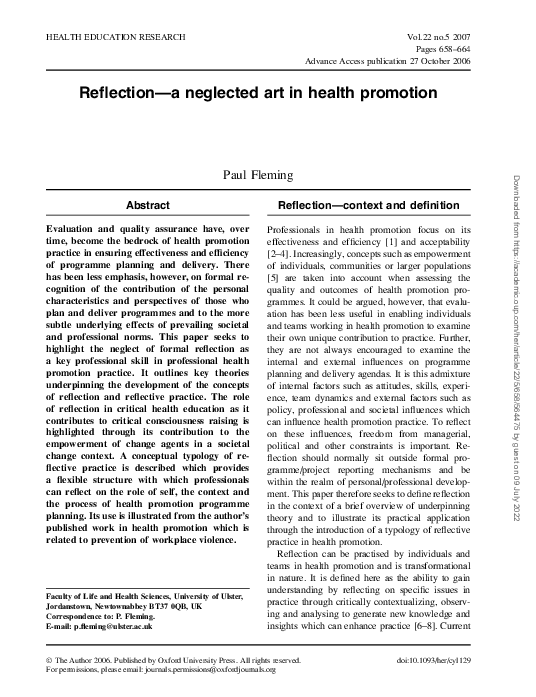 (PDF) Reflection a neglected art in health promotion
