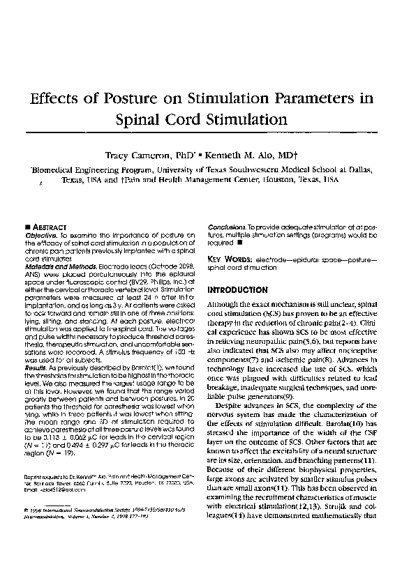 Pdf Effects Of Posture On Stimulation Parameters In Spinal Cord Stimulation