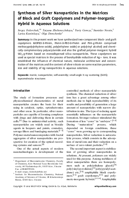 (PDF) Syntheses of Silver Nanoparticles in the Matrices of Block and Graft Copolymers and ...