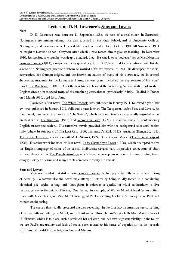 (DOC) D H Lawrence Sons and Lovers: Lecture Notes