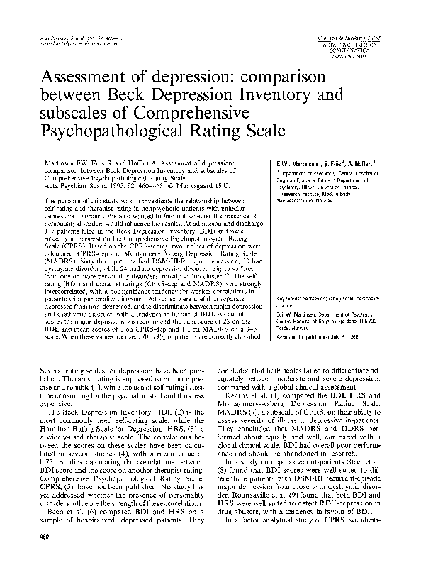 (PDF) Depression Assessment: BDI vs CPRS Scales