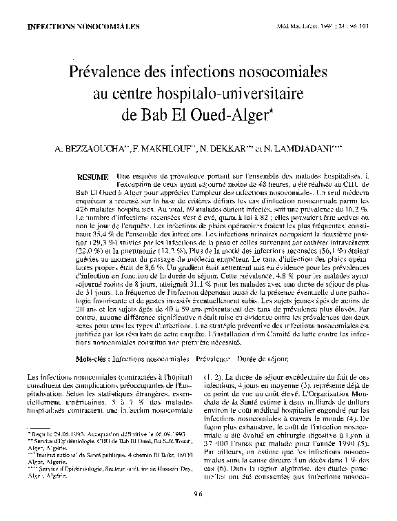 (PDF) Prévalence des infections nosocomiales au centre hospitalo-universitaire de Bab El Oued-Alger