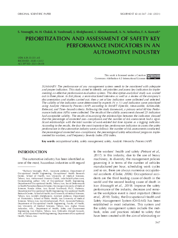 (PDF) Prioritization and assessment of safety key performance indicators in an automotive industry