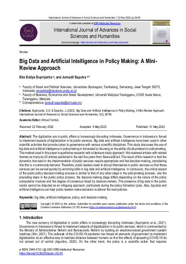 (PDF) Big Data and Artificial Intelligence in Policy Making: A Mini-Review Approach | Eko Eddya ...