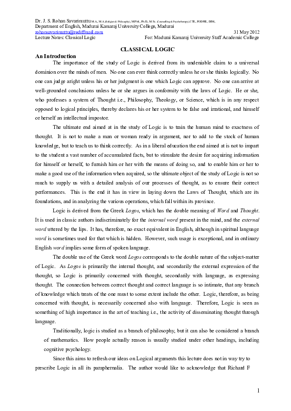 (DOC) Classical Logic: Lecture Notes for Staff Academic College MKU