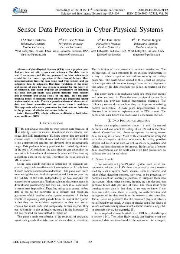 Pdf Sensor Data Protection In Cyber Physical Systems
