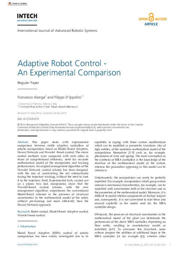(PDF) Adaptive Robot Control – An Experimental Comparison