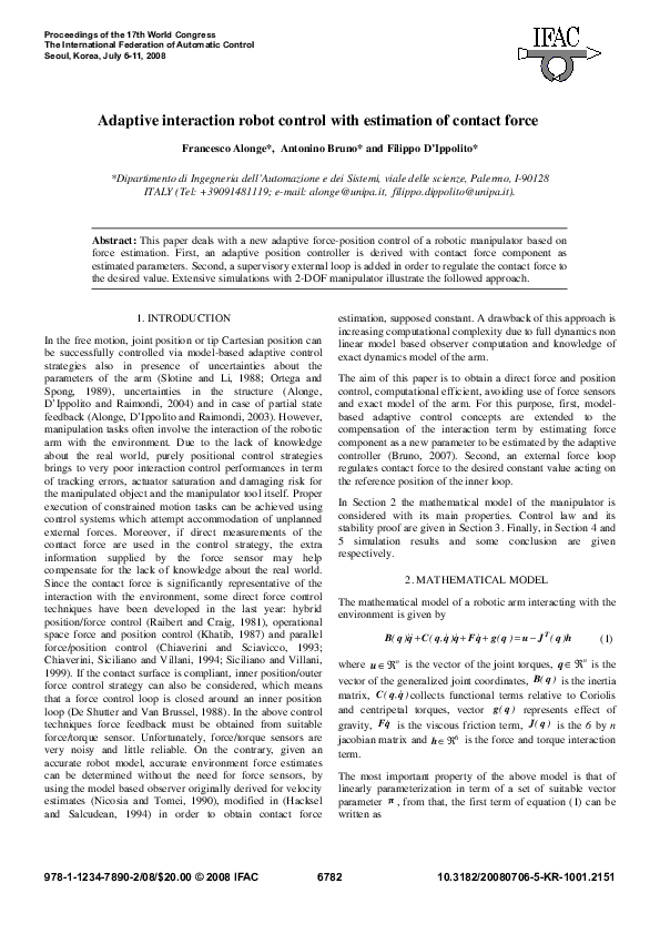 Pdf Adaptive Interaction Robot Control With Estimation Of Contact Force