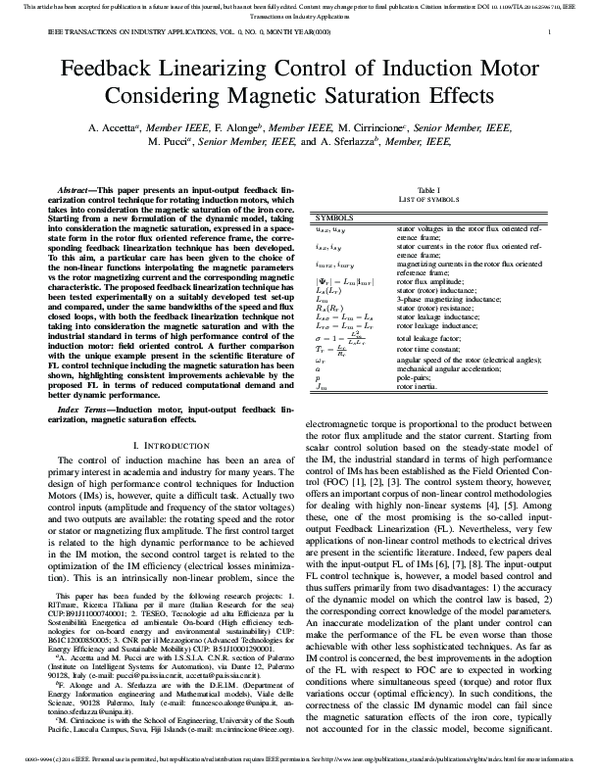 Pdf Feedback Linearizing Control Of Induction Motor Considering Magnetic Saturation Effects