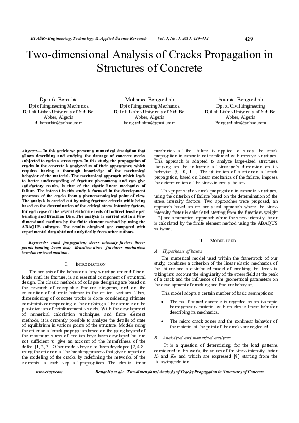 (PDF) Two-dimensional Analysis of Cracks Propagation in Structures of Concrete