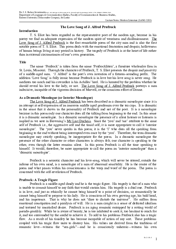 (DOC) The Love Song of J. Alfred Prufrock essay