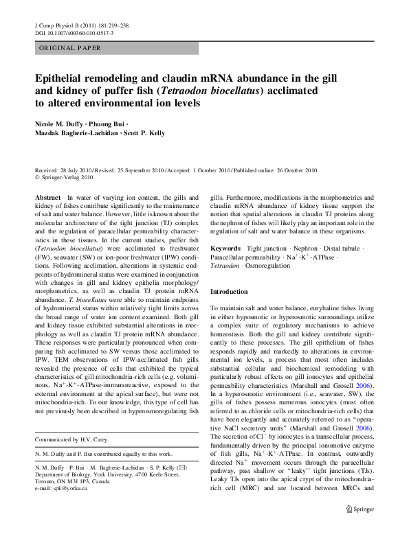 (PDF) Epithelial remodeling and claudin mRNA abundance in the gill and ...