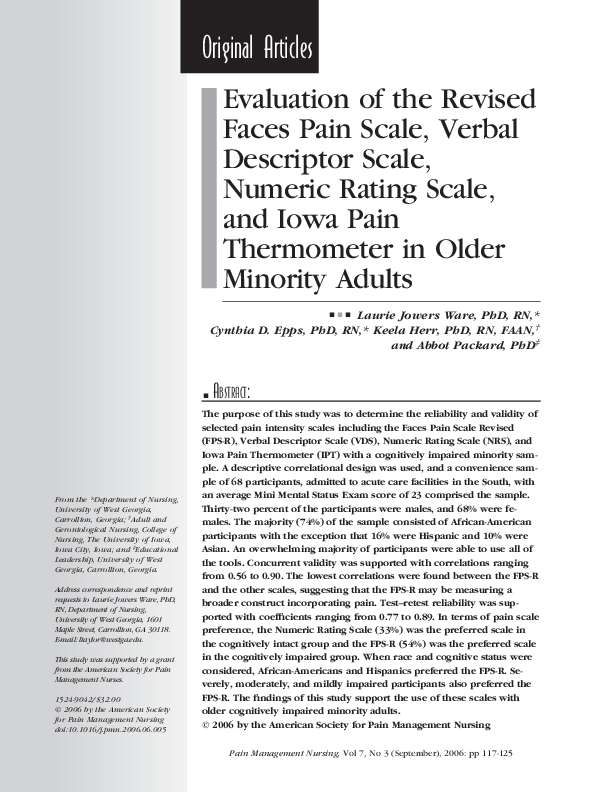 (PDF) Evaluation of the Revised Faces Pain Scale, Verbal Descriptor ...