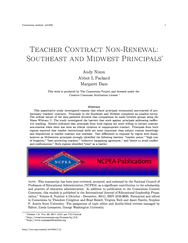 (PDF) Teacher Contract Non-Renewal: Southeast and Midwest Principals