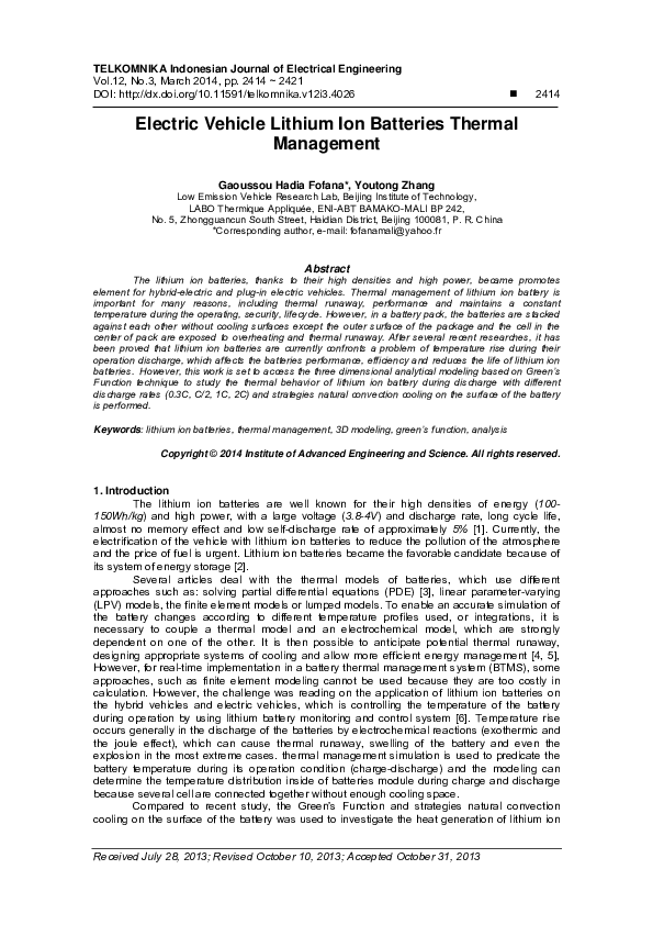 (PDF) Electric Vehicle Lithium Ion Batteries Thermal Management