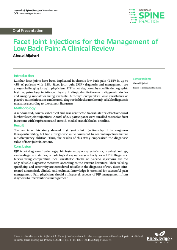 (PDF) Facet Joint Injections for the Management of Low Back Pain: A ...