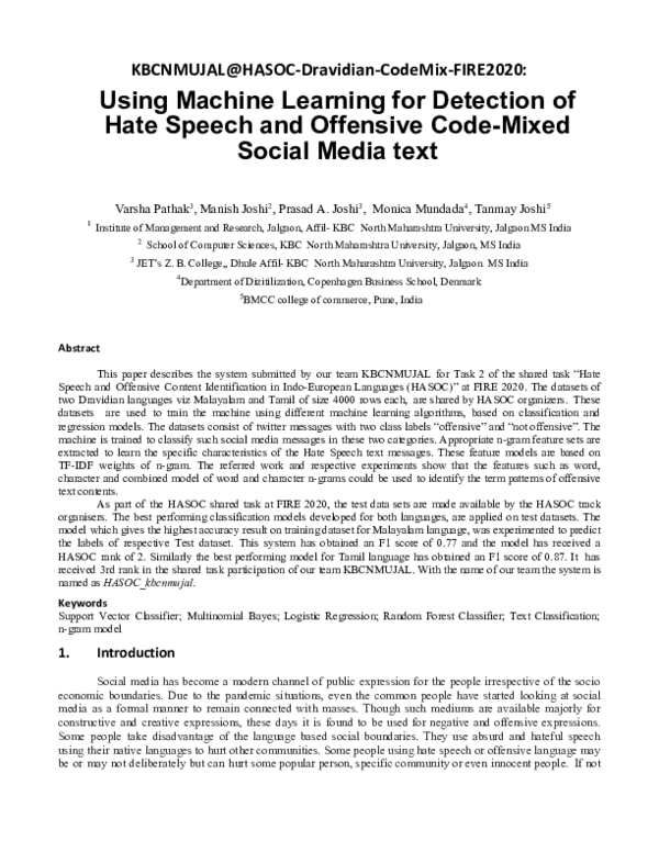 Pdf Kbcnmujalhasoc Dravidian Codemix Fire2020 Using Machine Learning For Detection Of Hate