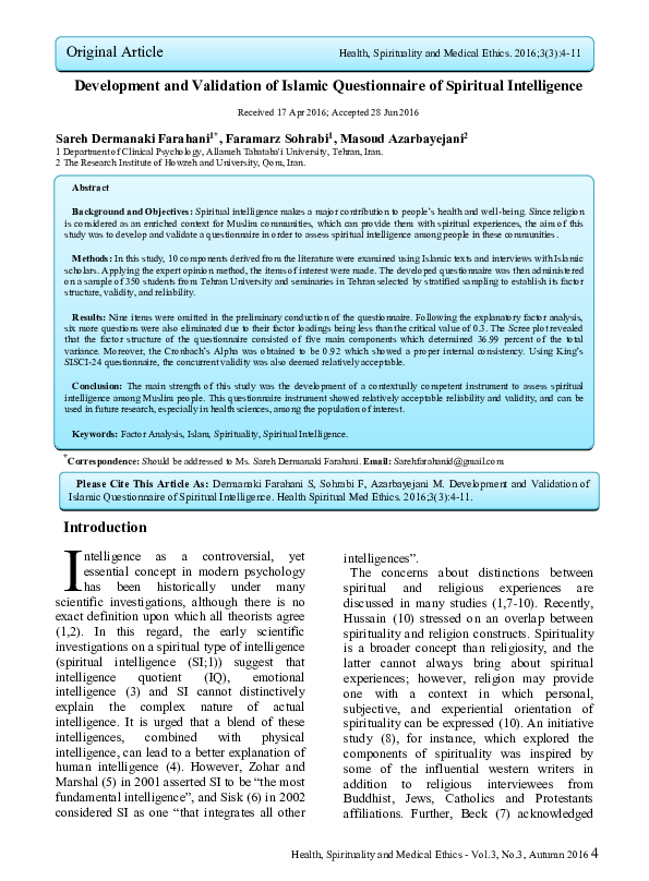 (PDF) Development and Validation of Islamic Questionnaire of Spiritual Intelligence