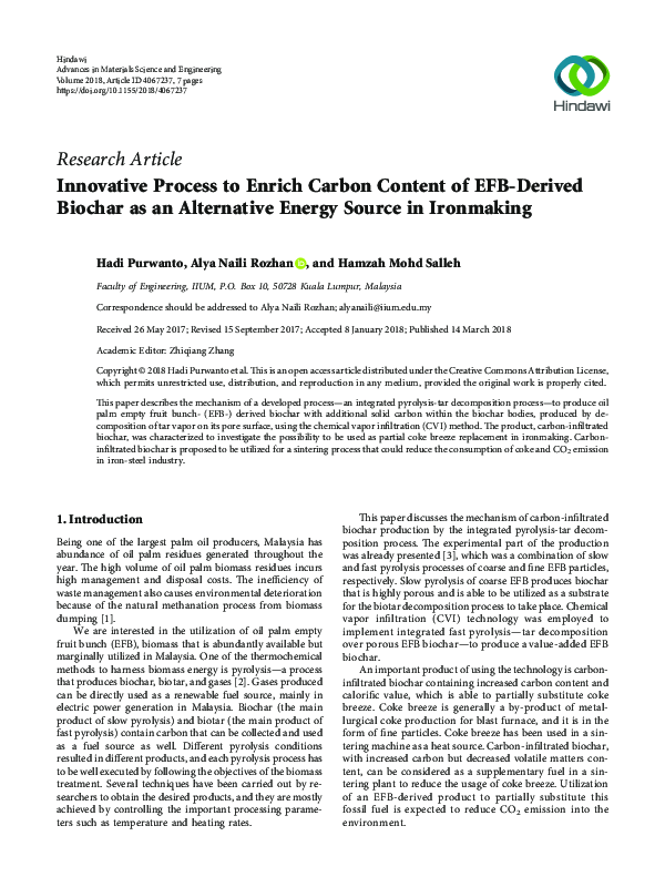 (PDF) Innovative Process to Enrich Carbon Content of EFB-Derived ...