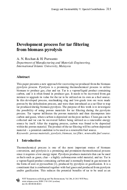 (PDF) Development process for tar filtering from biomass pyrolysis