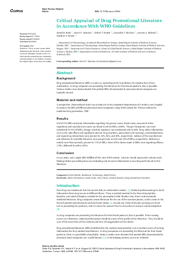 (PDF) Critical Appraisal of Drug Promotional Literature in Accordance ...