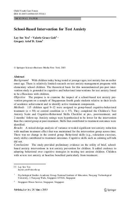 (PDF) School-Based Intervention for Test Anxiety