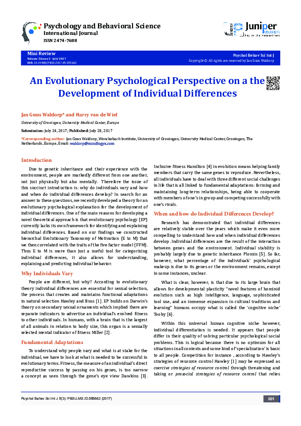 (PDF) An Evolutionary Psychological Perspective on a the Development of ...