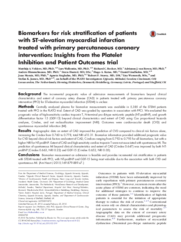 (PDF) Biomarkers for risk stratification of patients with ST-elevation myocardial infarction ...