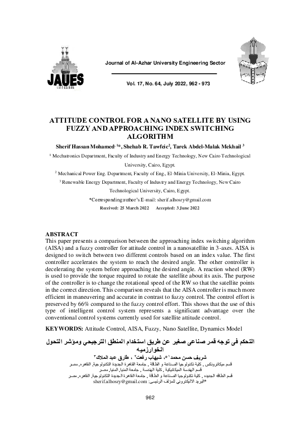 Pdf Attitude Control For A Nano Satellite By Using Fuzzy And Approaching Index Switching Algorithm