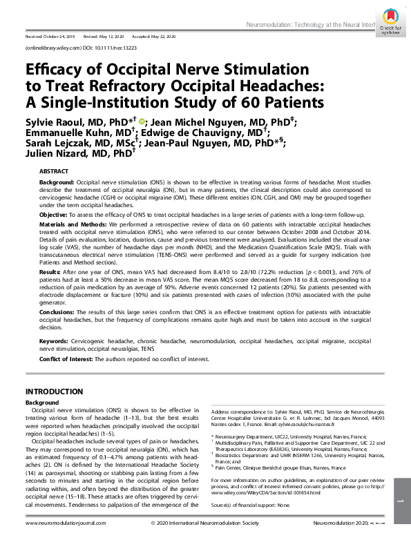 (PDF) Efficacy of Occipital Nerve Stimulation to Treat Refractory ...