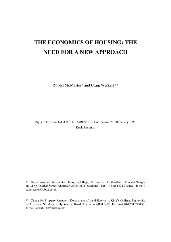 (PDF) The Economics of Housing: The Need for a New Approach
