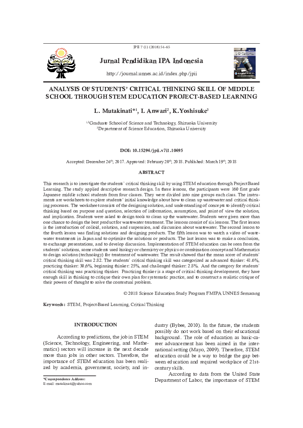 (PDF) Analysis of Students’ Critical Thinking Skill of Middle School through STEM Education ...