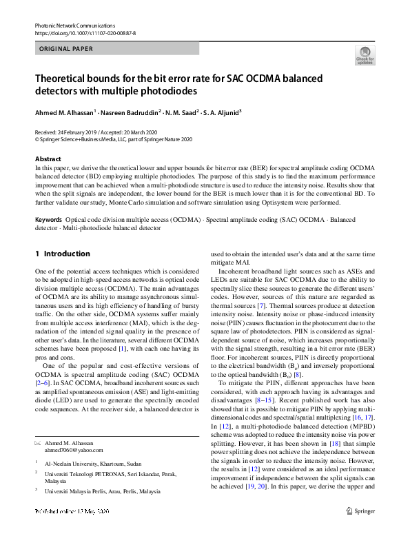 Pdf Theoretical Bounds For The Bit Error Rate For Sac Ocdma Balanced