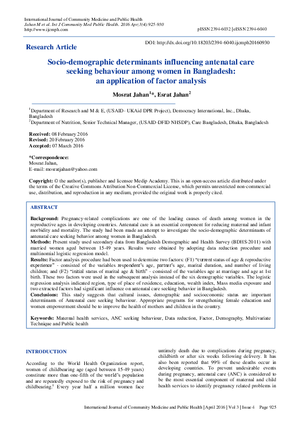 (PDF) Socio-demographic determinants influencing antenatal care seeking behaviour among women in ...