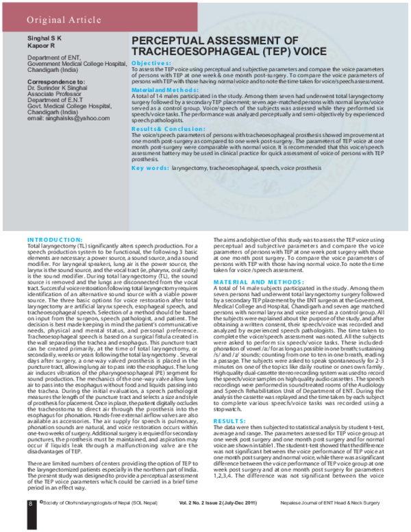 (PDF) Perceptual Assessment of Tracheoesophagael (TEP) Voice | Surinder ...