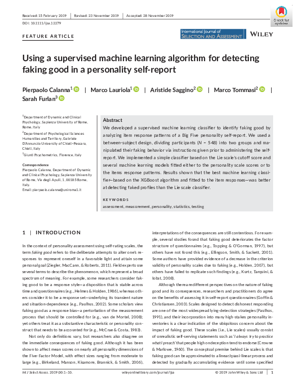 (PDF) Using a supervised machine learning algorithm for detecting faking good in a personality ...