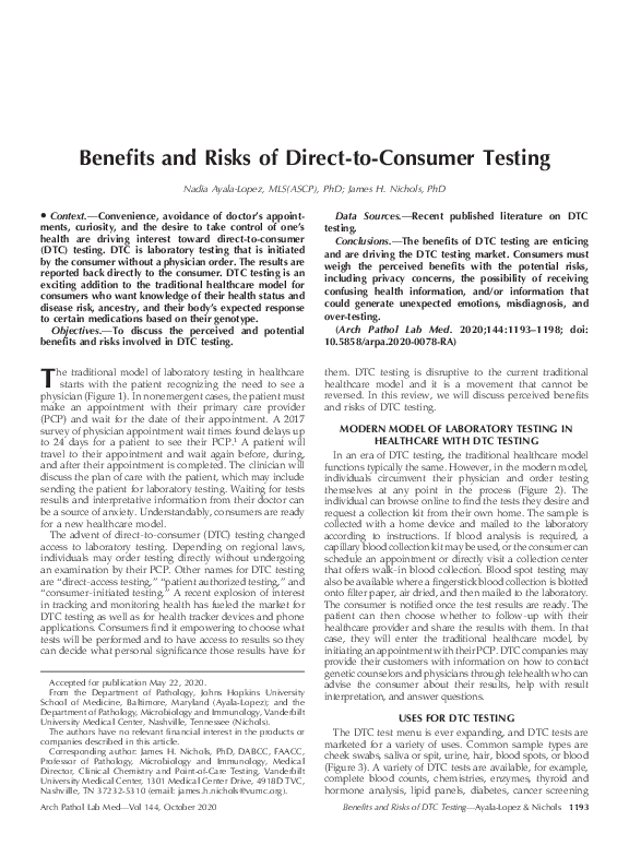 (PDF) Benefits and Risks of Direct-to-Consumer Testing | Nadia Ayala ...