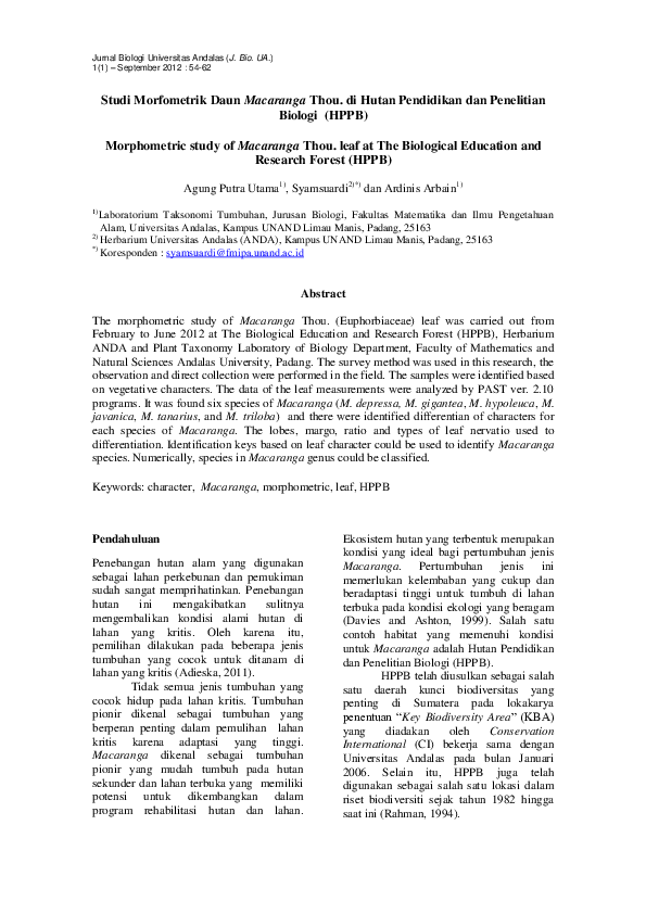 (PDF) Studi Morfometrik Daun Macaranga Thou. di Hutan Pendidikan dan ...