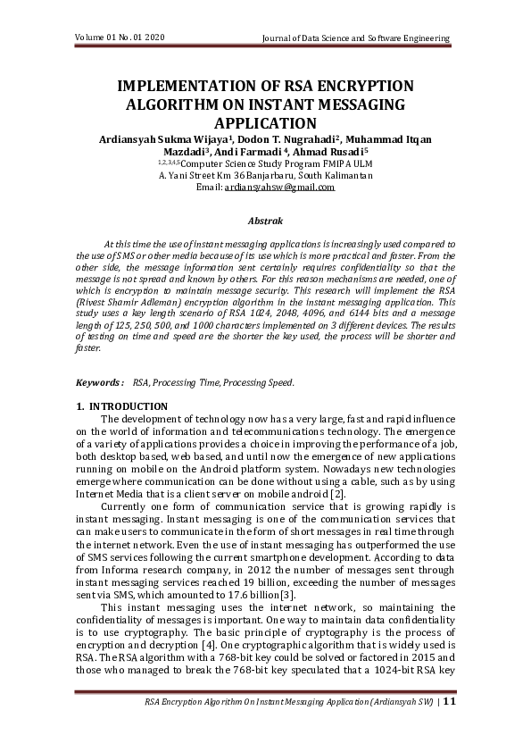 Pdf Implementation Of Rsa Encryption Algorithm On Instant Messaging