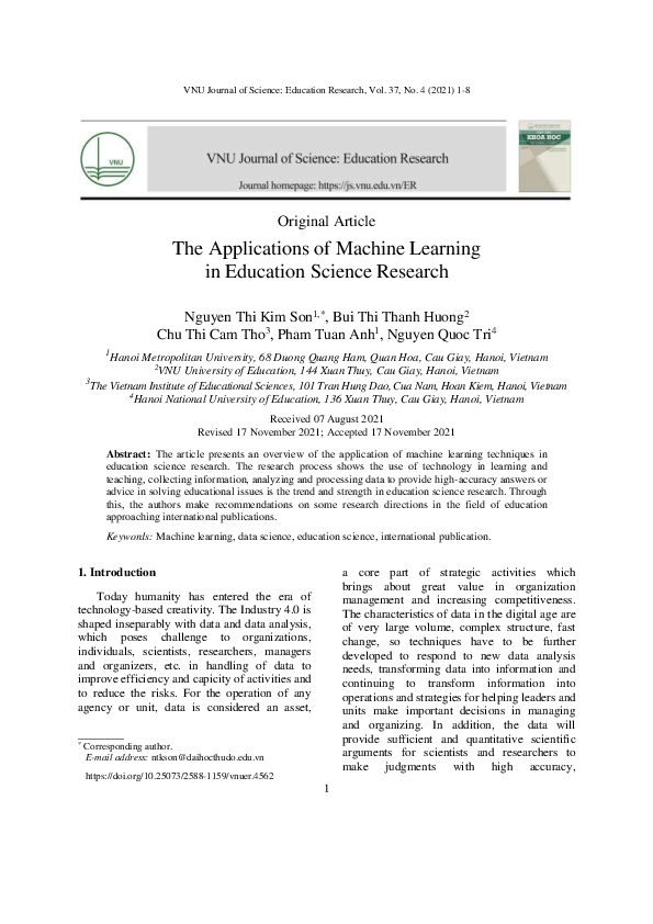 (PDF) Machine Learning and Applications in Education Science Research