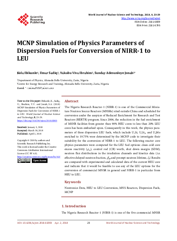 Pdf Mcnp Simulation Of Physics Parameters Of Dispersion Fuels For Conversion Of Nirr 1 To Leu